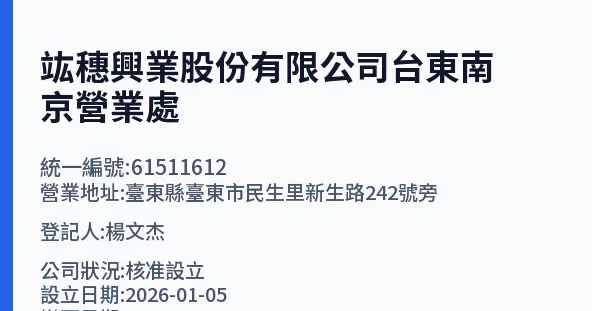 竑穗興業股份有限公司台東南京營業處的照片-統編 61511612(臺東縣) 公司登記資料與營業項目詳細圖表