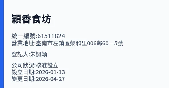 穎香食坊的照片-統編 61511824(臺南市) 公司登記資料與營業項目詳細圖表