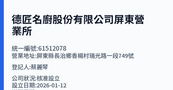 德匠名廚股份有限公司屏東營業所的照片-統編 61512078(屏東縣) 公司登記資料與營業項目詳細圖表