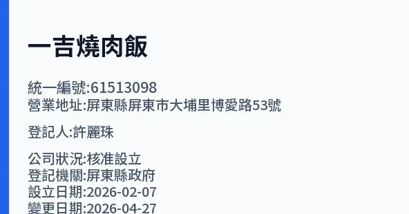 一吉燒肉飯的照片-統編 61513098(屏東縣) 公司登記資料與營業項目詳細圖表