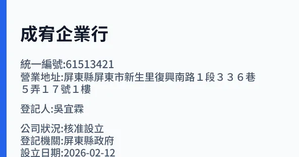 成宥企業行的照片-統編 61513421(屏東縣) 公司登記資料與營業項目詳細圖表