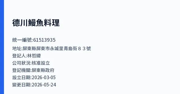 德川鰻魚料理的照片-統編 61513935(屏東縣) 公司登記資料與營業項目詳細圖表