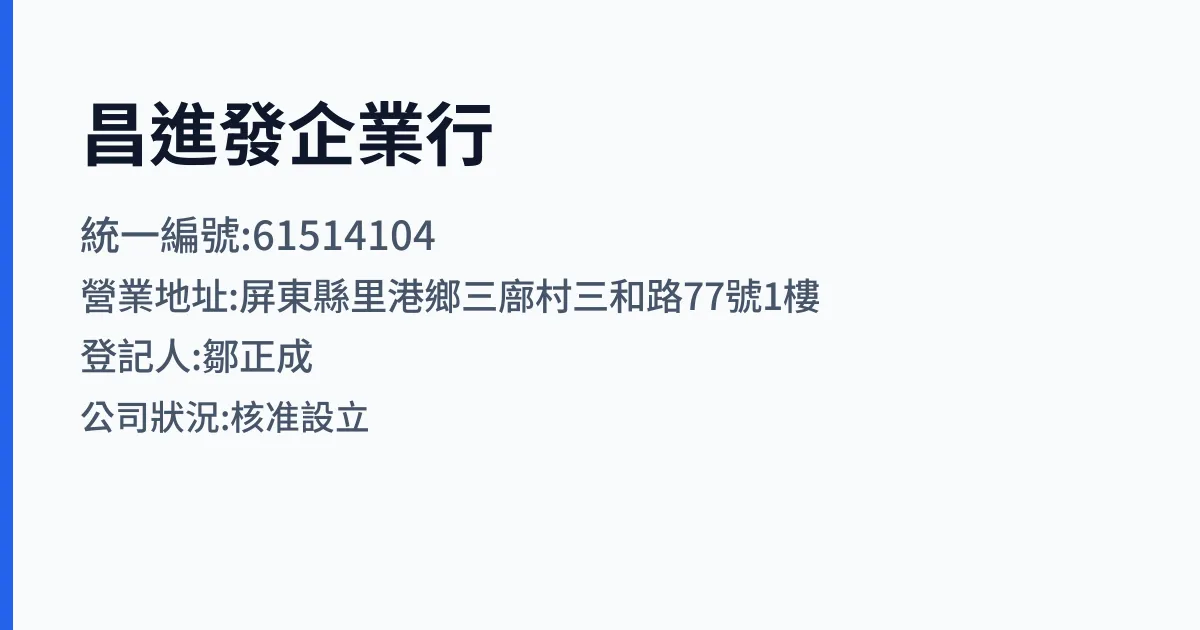 昌進發企業行 - 統編 61514104(屏東縣) 公司登記資料與營業項目詳細圖表