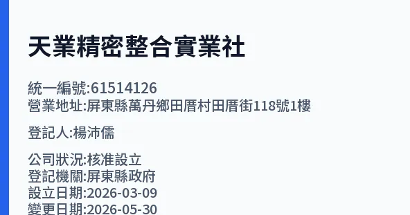 天業精密整合實業社的照片-統編 61514126(屏東縣) 公司登記資料與營業項目詳細圖表