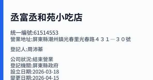 丞富丞和苑小吃店的照片-統編 61514553(屏東縣) 公司登記資料與營業項目詳細圖表