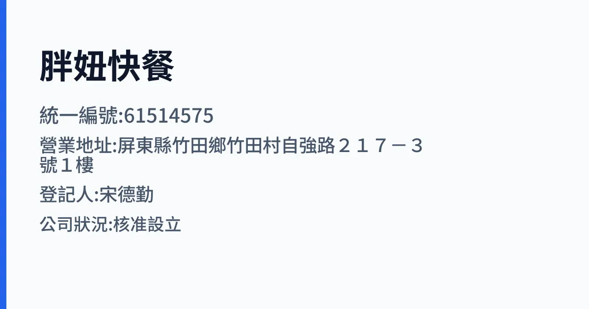 胖妞快餐 - 統編 61514575(屏東縣) 公司登記資料與營業項目詳細圖表