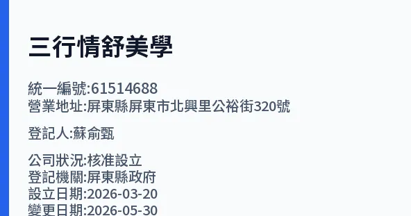 三行情舒美學的照片-統編 61514688(屏東縣) 公司登記資料與營業項目詳細圖表