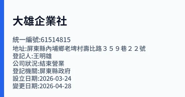 大雄企業社的照片-統編 61514815(屏東縣) 公司登記資料與營業項目詳細圖表