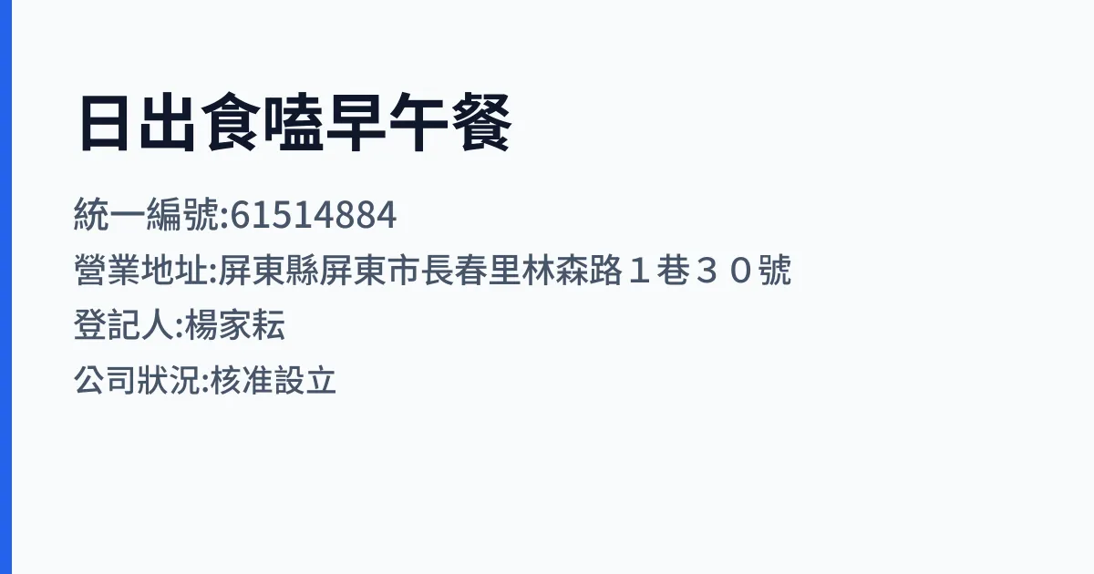 日出食嗑早午餐 - 統編 61514884(屏東縣) 公司登記資料與營業項目詳細圖表