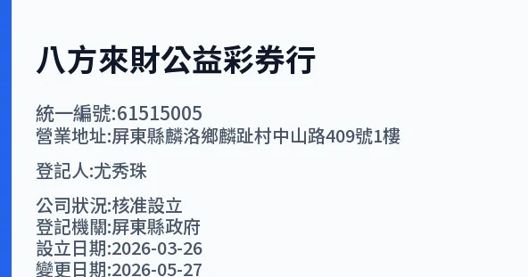 八方來財公益彩券行的照片-統編 61515005(屏東縣) 公司登記資料與營業項目詳細圖表
