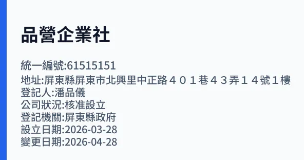 品營企業社的照片-統編 61515151(屏東縣) 公司登記資料與營業項目詳細圖表