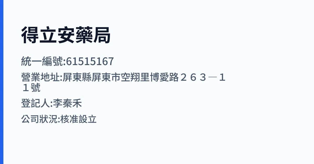 得立安藥局 - 統編 61515167(屏東縣) 公司登記資料與營業項目詳細圖表