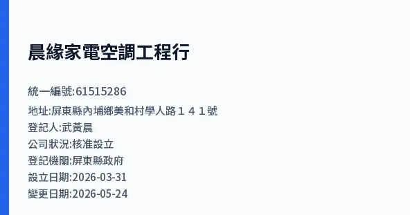 晨緣家電空調工程行的照片-統編 61515286(屏東縣) 公司登記資料與營業項目詳細圖表