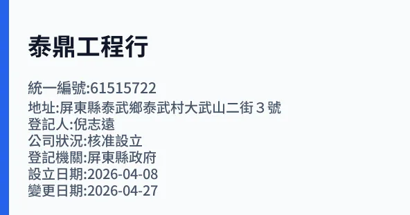 泰鼎工程行的照片-統編 61515722(屏東縣) 公司登記資料與營業項目詳細圖表