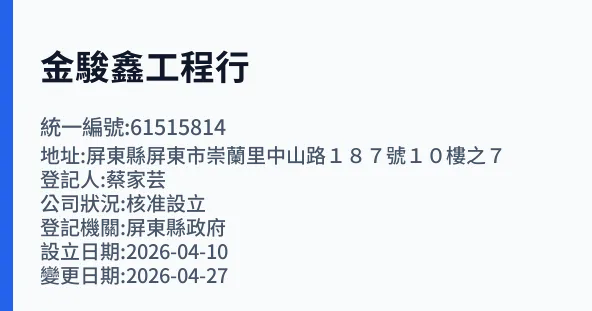 金駿鑫工程行的照片-統編 61515814(屏東縣) 公司登記資料與營業項目詳細圖表