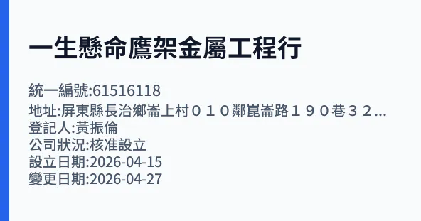 一生懸命鷹架金屬工程行的照片-統編 61516118(屏東縣) 公司登記資料與營業項目詳細圖表