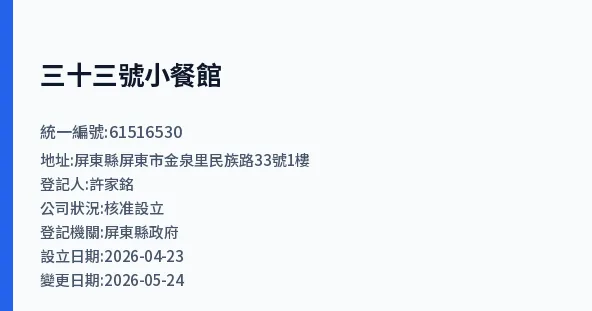 三十三號小餐館的照片-統編 61516530(屏東縣) 公司登記資料與營業項目詳細圖表