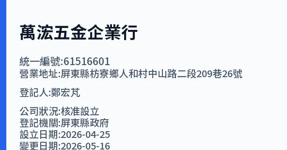 萬浤五金企業行的照片-統編 61516601(屏東縣) 公司登記資料與營業項目詳細圖表