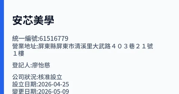 安芯美學的照片-統編 61516779(屏東縣) 公司登記資料與營業項目詳細圖表