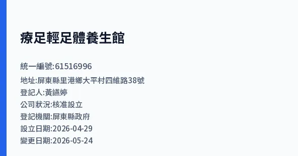療足輕足體養生館的照片-統編 61516996(屏東縣) 公司登記資料與營業項目詳細圖表