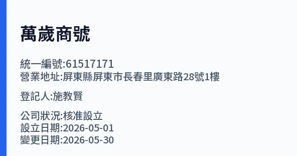 萬歲商號的照片-統編 61517171(屏東縣) 公司登記資料與營業項目詳細圖表