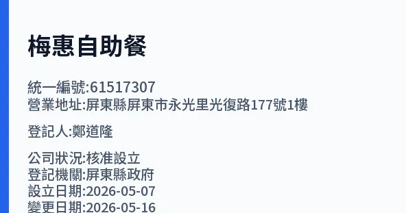 梅惠自助餐的照片-統編 61517307(屏東縣) 公司登記資料與營業項目詳細圖表