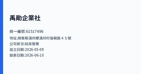 禹勛企業社的照片-統編 61517496 公司登記資料與營業項目詳細圖表