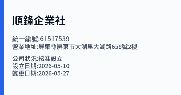 順鋒企業社的照片-統編 61517539(屏東縣) 公司登記資料與營業項目詳細圖表