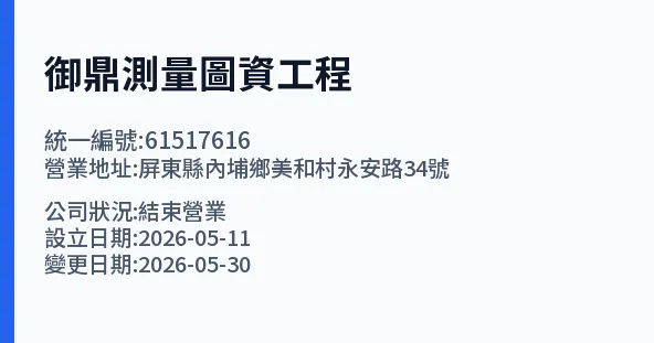 御鼎測量圖資工程的照片-統編 61517616(屏東縣) 公司登記資料與營業項目詳細圖表