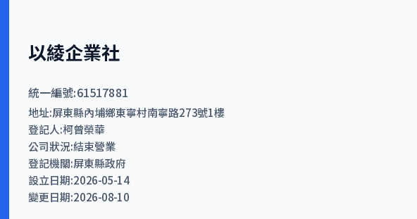 以綾企業社的照片-統編 61517881 公司登記資料與營業項目詳細圖表