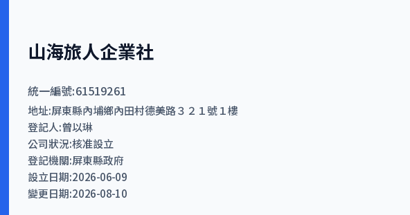 山海旅人企業社的照片-統編 61519261 公司登記資料與營業項目詳細圖表