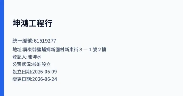 坤鴻工程行的照片-統編 61519277(屏東縣) 公司登記資料與營業項目詳細圖表