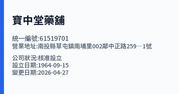 寶中堂藥舖的照片-統編 61519701(南投縣) 公司登記資料與營業項目詳細圖表