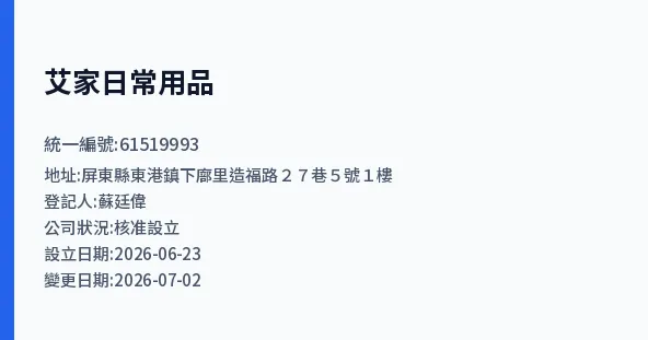 艾家日常用品的照片-統編 61519993(屏東縣) 公司登記資料與營業項目詳細圖表