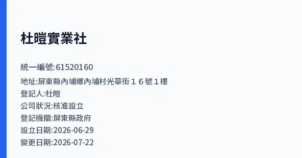 杜暟實業社的照片-統編 61520160(屏東縣) 公司登記資料與營業項目詳細圖表