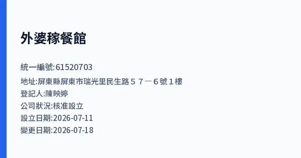 外婆稼餐館的照片-統編 61520703(屏東縣) 公司登記資料與營業項目詳細圖表