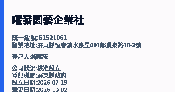 曜發園藝企業社的照片-統編 61521061(屏東縣) 公司登記資料與營業項目詳細圖表