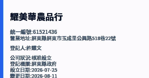 耀美華農品行的照片-統編 61521436(屏東縣) 公司登記資料與營業項目詳細圖表