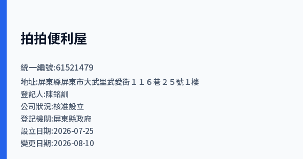拍拍便利屋的照片-統編 61521479(屏東縣) 公司登記資料與營業項目詳細圖表