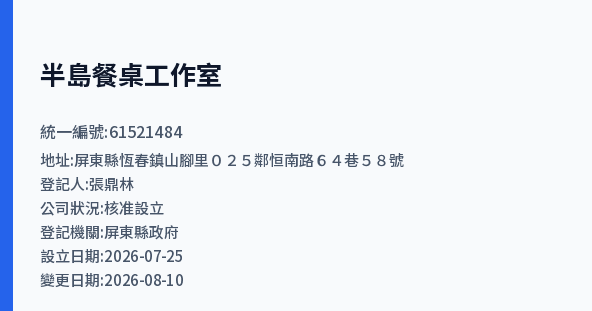 半島餐桌工作室的照片-統編 61521484(屏東縣) 公司登記資料與營業項目詳細圖表