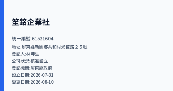 笙銘企業社的照片-統編 61521604(屏東縣) 公司登記資料與營業項目詳細圖表