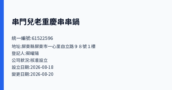 串門兒老重慶串串鍋的照片-統編 61522596(屏東縣) 公司登記資料與營業項目詳細圖表