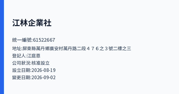 江林企業社的照片-統編 61522667(屏東縣) 公司登記資料與營業項目詳細圖表