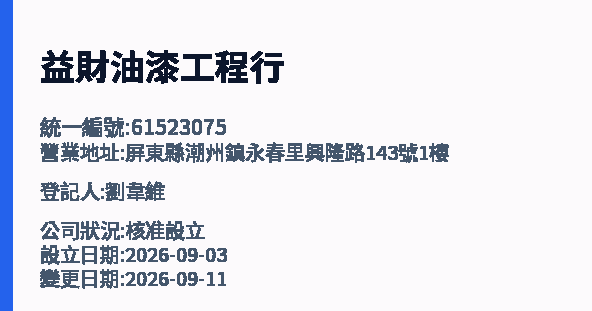 益財油漆工程行的照片-統編 61523075(屏東縣) 公司登記資料與營業項目詳細圖表