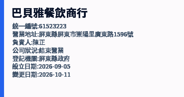 巴貝雅餐飲商行的照片-統編 61523223(屏東縣) 公司登記資料與營業項目詳細圖表