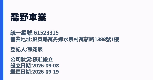 喬野車業的照片-統編 61523315(屏東縣) 公司登記資料與營業項目詳細圖表