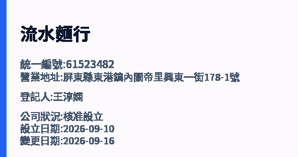 流水麵行的照片-統編 61523482(屏東縣) 公司登記資料與營業項目詳細圖表