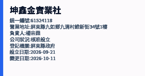 坤鑫金實業社的照片-統編 61524118(屏東縣) 公司登記資料與營業項目詳細圖表