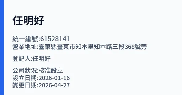 任明好的照片-統編 61528141(臺東縣) 公司登記資料與營業項目詳細圖表