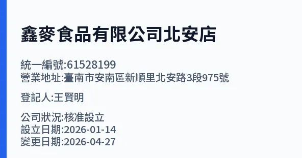鑫麥食品有限公司北安店的照片-統編 61528199(臺南市) 公司登記資料與營業項目詳細圖表